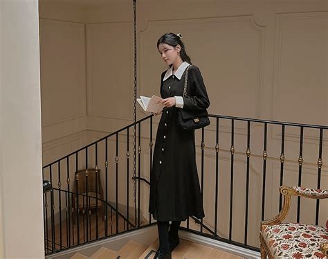 리리앤코 세린트 스판 배색 카라넥 보석단추 롱 원피스 가을 신상 가을룩 겨울신상 겨울룩 겨울원피스 하객룩원피스 카라롱원피스 데일리룩 데이트룩 카라원피스 배색원피스 긴팔