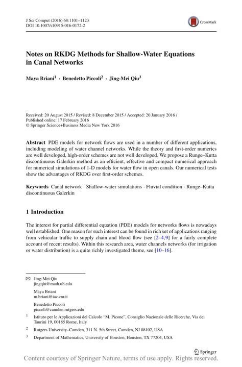 Notes On Rkdg Methods For Shallow Water Equations In Canal Networks Request Pdf