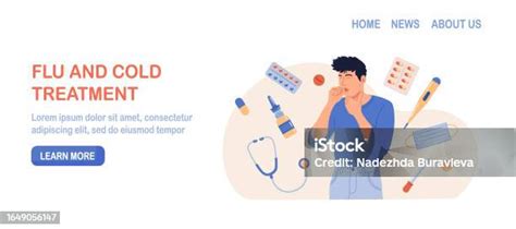 독감에 걸린 남자 그는 열 기침 및 재채기를합니다 독감 또는 감기 알레르기 증상 인플루엔자 질병 치료 인플루엔자 콧물 두통 발열