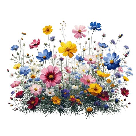 무성한 녹색 환경에서 분홍색 파란색 노란색과 흰색 꽃을 포함한 다양한 야생화의 생생한 꽃다발 야생화 꽃다발 화려한 꽃 핑크 꽃 Png 일러스트 및 이미지 에 대한 무료