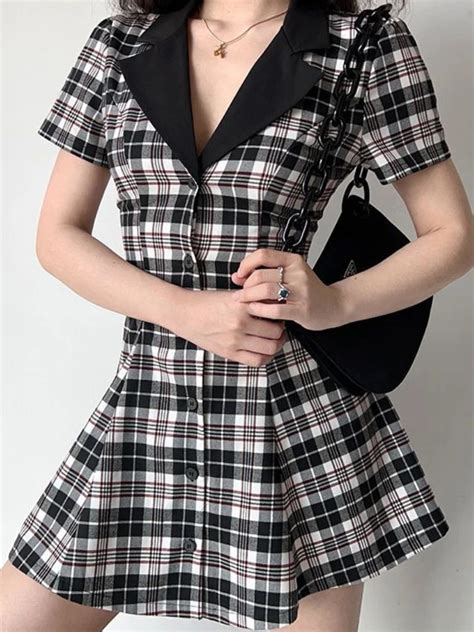 Houzhou 여성용 빈티지 격자 무늬 드레스 슬림하고 우아한 짧은 드레스 한국 패션 붕대 싱글 브레스트 하이 스트리트 로브 여름 Aliexpress