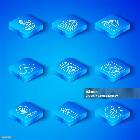 나뭇잎 종이 봉지 재활용 물병 재활용 플라스틱 병 구름 비 지구 지구 및 식물 및 잎 기어 기계 아이콘으로 선 위치를 설정합니다 벡터 3차원 형태에 대한 스톡 벡터 아트 및