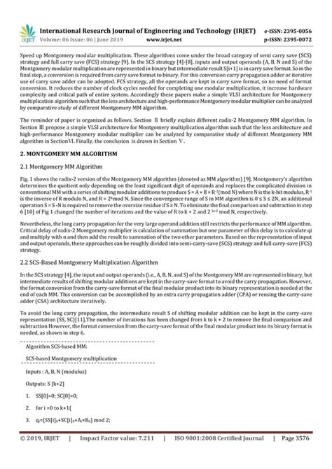 Irjet Vlsi Architecture For Montgomery Modular Multiplication Pdf