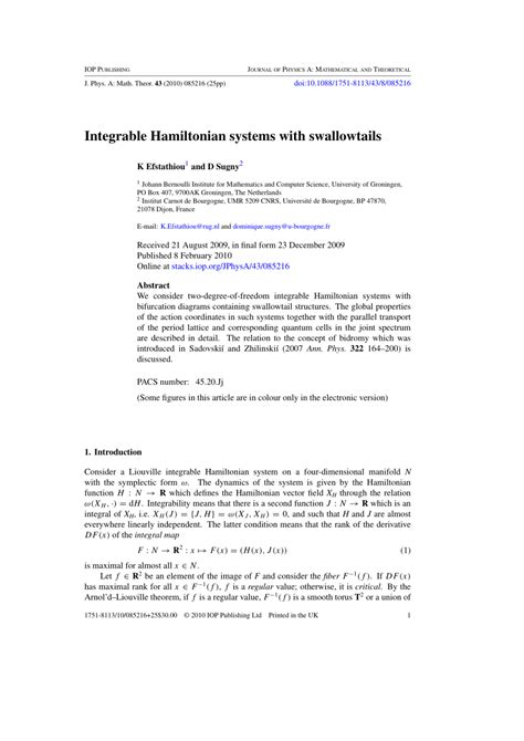 Pdf Integrable Hamiltonian Systems With Swallowtails