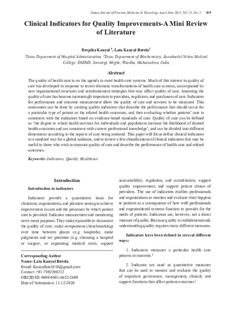 Pdf Clinical Indicators For Quality Improvements A Mini Review Of Literature