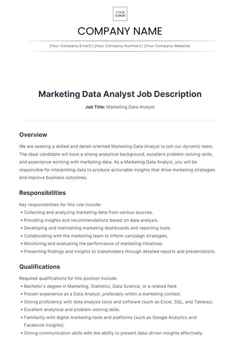 Free Marketing Data Analyst Job Description Template To Edit Online