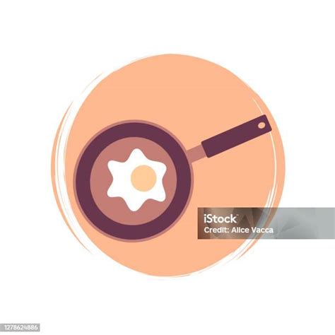 프라이팬에 계란 튀김이 있는 귀여운 로고 또는 아이콘 벡터 브러쉬 텍스처가 있는 원그림 소셜 미디어 스토리 및 하이라이트 가정 생활에 대한 스톡 벡터 아트 및 기타 이미지