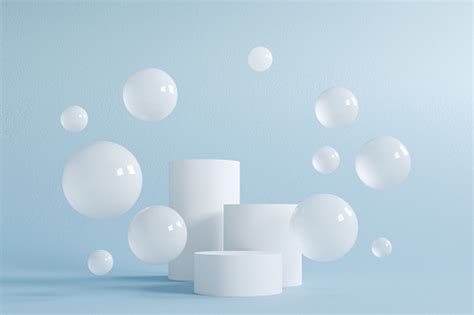 기하학적 형태의 추상 장면입니다 실린더 연단 파스텔 빛 비행 공 구와 파란색 배경에 서 무대 받침대 또는 플랫폼 스타일리시한 트렌디한 3d 렌더 0명에 대한 스톡 사진 및