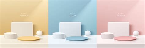 창 빛과 그림자가있는 노란색 파란색 분홍색 흰색 배경의 사실적인 3d 실린더 받침대 연단 세트 추상적인 최소 장면 모형 제품 디스플레이 스테이지 쇼케이스 벡터 기하학적 형태