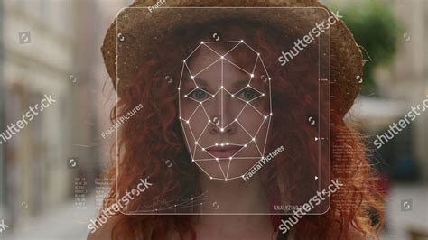 Face Id Futuristic Face Detection Identification Of Beautiful Ginger Woman In Hat With