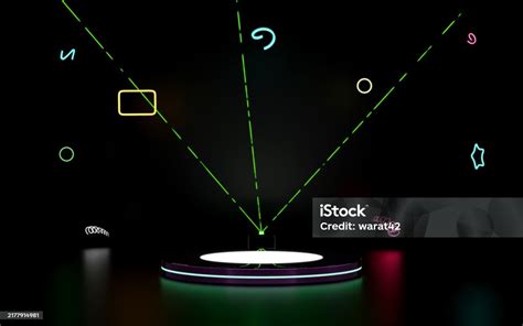 3d 실린더 무대 연단은 네온 디스코 조명 추상 기하학적 화장품 진열장 받침대 보라색 검은 배경과 방에서 비어 있습니다 모형 현대 장면 3d 일러스트 레이 션 3차원 형태에