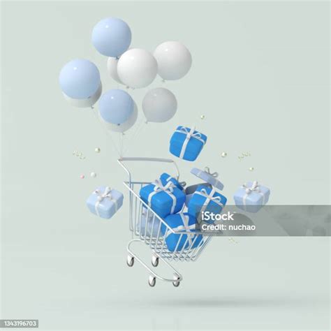 떠있는 풍선쇼핑카트에 선물 상자의 그림 3d 렌더링 쇼핑 카트에 대한 스톡 사진 및 기타 이미지 쇼핑 카트 풍선 카트 Istock