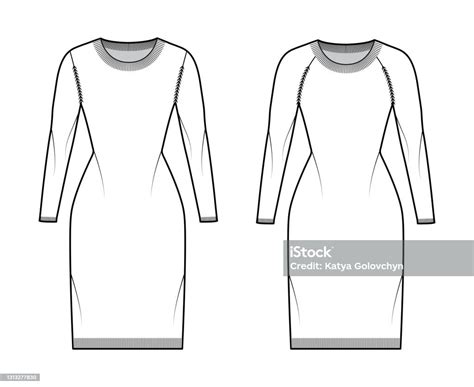 라운드 넥 드레스 스웨터 테크니컬 패션 일러스트레이션 로트 롱 라글란 슬리브 몸에 맞는 바디 힙 길이 0명에 대한 스톡 벡터 아트 및 기타 이미지 Istock