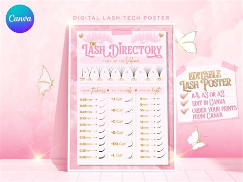 Lash Chart Poster Salon Decor Pink And Gold Digital Editable Canva