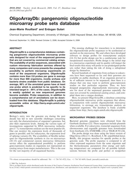 Pdf Oligoarraydb Pangenomic Oligonucleotide Microarray Probe Sets Database