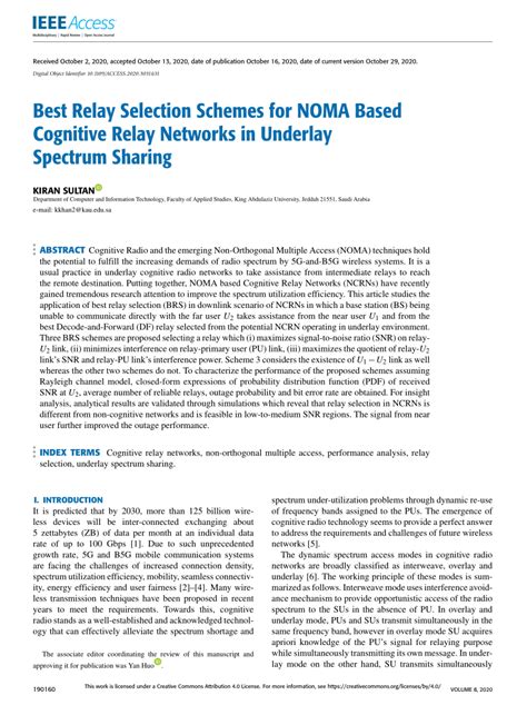 Pdf Best Relay Selection Schemes For Noma Based Cognitive Relay Networks In Underlay Spectrum