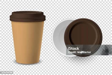 벡터 3d 현실적인 갈색 일회용 폐쇄 및 열린 종이 갈색 뚜껑 설정 닫힘 설정 과 음료 플라스틱 커피 컵 투명 배경에 격리 디자인 템플릿 모형 상단 및 전면 뷰 0명에 대한
