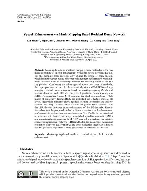 Pdf Speech Enhancement Via Mask Mapping Based Residual Dense Network