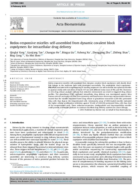 Pdf Redox Responsive Micelles Self Assembled From Dynamic Covalent