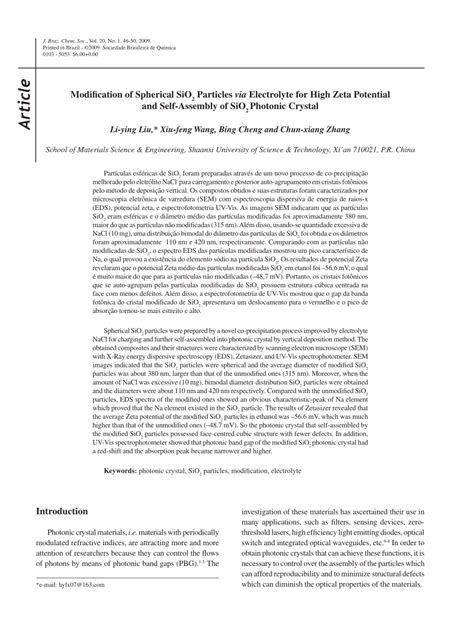 Pdf Modification Of Spherical Sio2 Particles Via Electrolyte For High Zeta Potential And Self