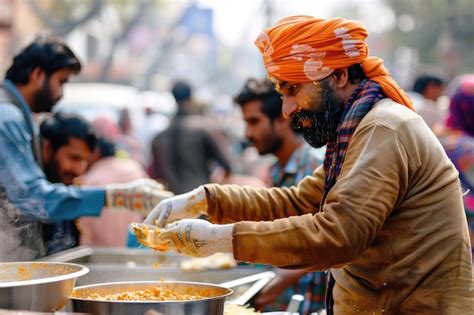 Indian Men Serving Langar Dish On Baisakhi Holiday Premium Ai Generated Image