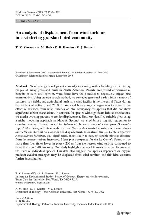 Pdf An Analysis Of Displacement From Wind Turbines In A Grassland