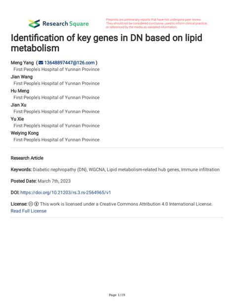 Pdf Identification Of Key Genes In Dn Based On Lipid Metabolism