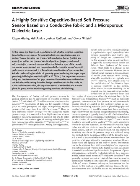 Pdf A Highly Sensitive Capacitive Based Soft Pressure Sensor Based On A Conductive Fabric And