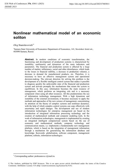 Pdf Nonlinear Mathematical Model Of An Economic Soliton