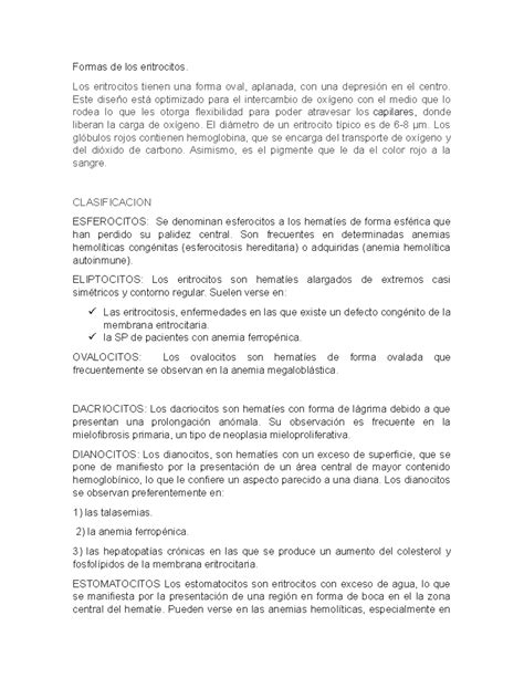 Formas De Los Eritrocitos Los Eritrocitos Tienen Una Forma Oval Aplanada Con Una Depresión