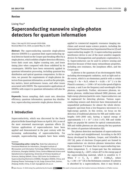 Pdf Superconducting Nanowire Single Photon Detectors For Quantum Information