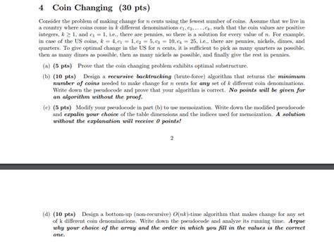 Solved Coin Changing Pts Consider The Problem Of Chegg Com