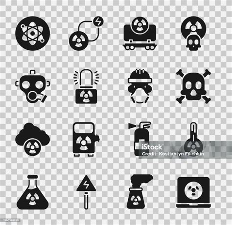 핵 노트북 기상 온도계 뼈 및 두개골 경고 방사성화물 열차 램프 방독면 원자 및 원자로 작업자 아이콘을 설정합니다 벡터 검은색에 대한 스톡 벡터 아트 및 기타 이미지