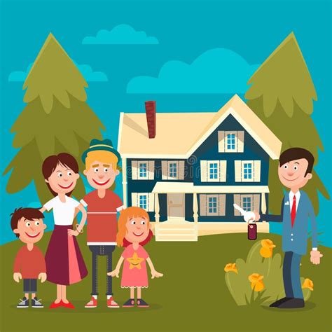 Счастливая семья покупая новый дом Иллюстрация вектора иллюстрации насчитывающей брокерства