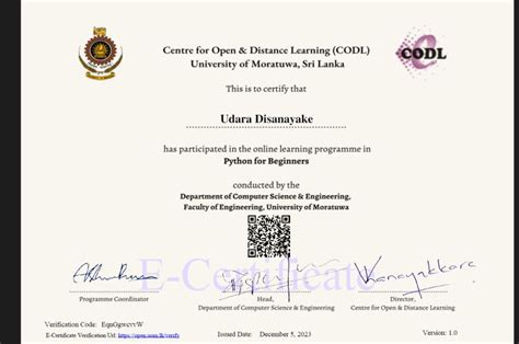 I Completed My Python Beginners Course In University Of Sayuri Udara Dissanayake