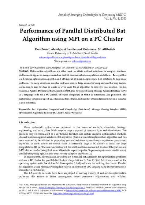 pdf performance of parallel distributed bat algorithm using mpi on a