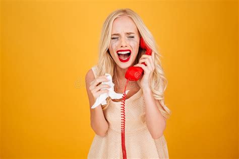 Sad Crying Screaming Young Blonde Woman Talking By Telephone Stock