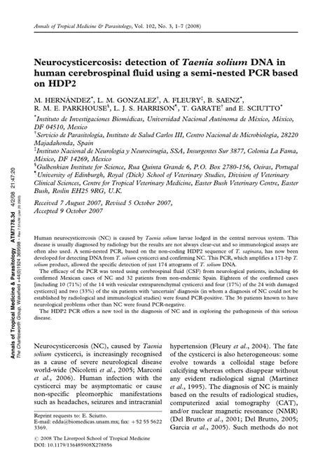 Pdf Neurocysticercosis Detection Of Taenia Solium Dna In Human Cerebrospinal Fluid Using A
