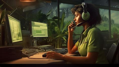 Premium Ai Image A Woman Sits At A Desk With A Computer With A Headset On