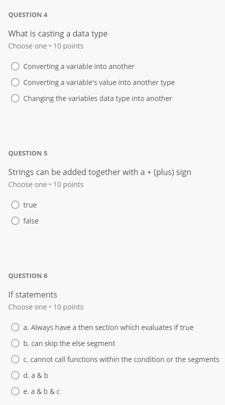 Solved Question 4 What Is Casting A Data Type Choose One 10