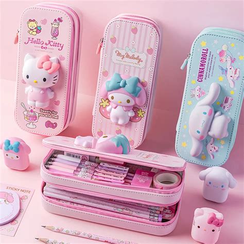 Sanrio Pu 대용량 연필 케이스 카와이 헬로키티 시나모롤 멜로디 학교 연필 가방 파우치 펜 케이스 용품 문구