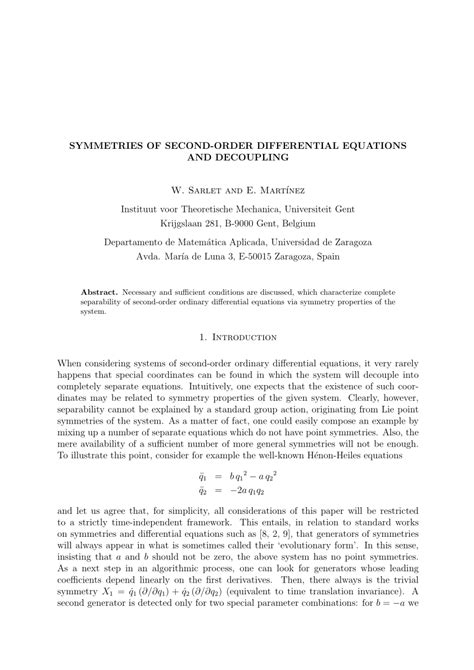 Pdf Symmetries Of Second Order Differential Equations And Decoupling