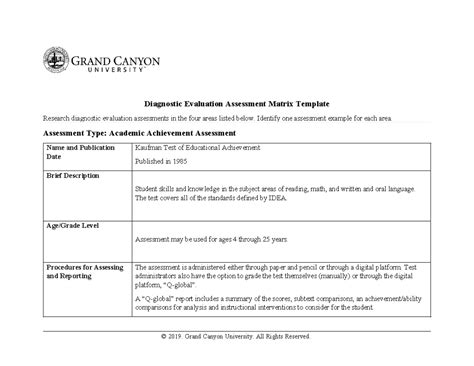 Diagnostic Evaluation Assessment Matrix Identify One Assessment Example For Each Area