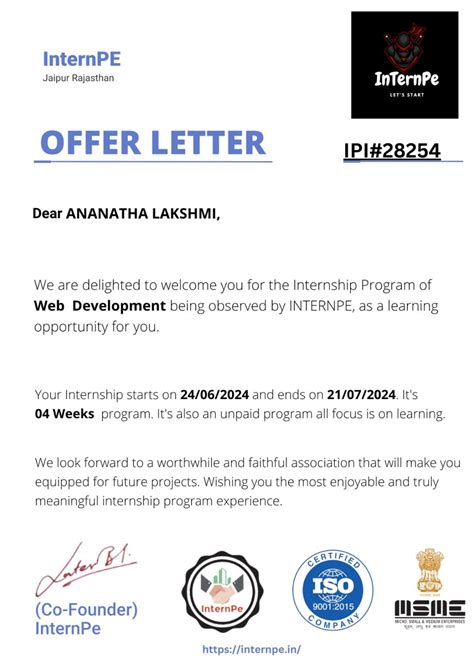 Internpe Offer Letter Anantha Lakshmi