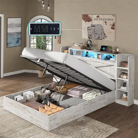 Merluxy Full Size Lift Up Storage Bed Frame With Bookcase Headboard