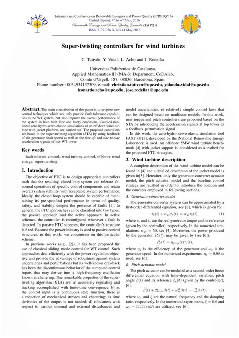 Pdf Super Twisting Controllers For Wind Turbines