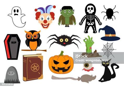 유령 호박 두개골 사탕 및 더 많은 만화 배경 템플릿과 같은 다양한 종류의 것들로 할로윈 요소 벡터 일러스트레이션 설정 10월에 대한 스톡 벡터 아트 및 기타 이미지