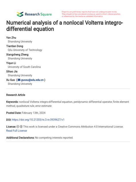 Numerical Analysis Of A Nonlocal Volterra Integro Pdf Differential