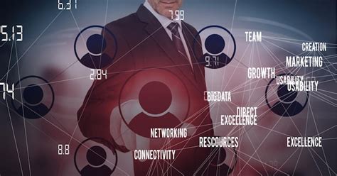 Premium Photo Composition Of Businessman Touching Interactive Screen With Icons And Text