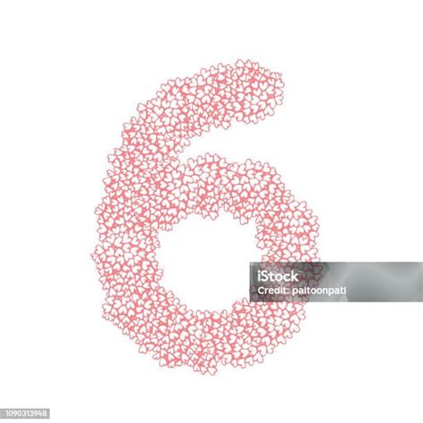 문자 숫자 6 또는 6 알파벳 마음 꽃 부시 그림 흰색 배경에 고립 된 평면 디자인 핑크 색상 설정에서 벡터 Eps10 개념에